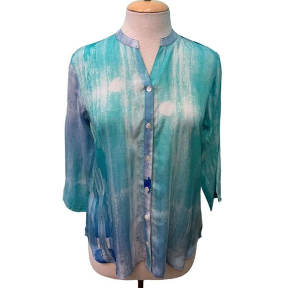 Apny | Tops | New Apny Womens Watercolor 34 Sleeve Mandarin Blouse In ...